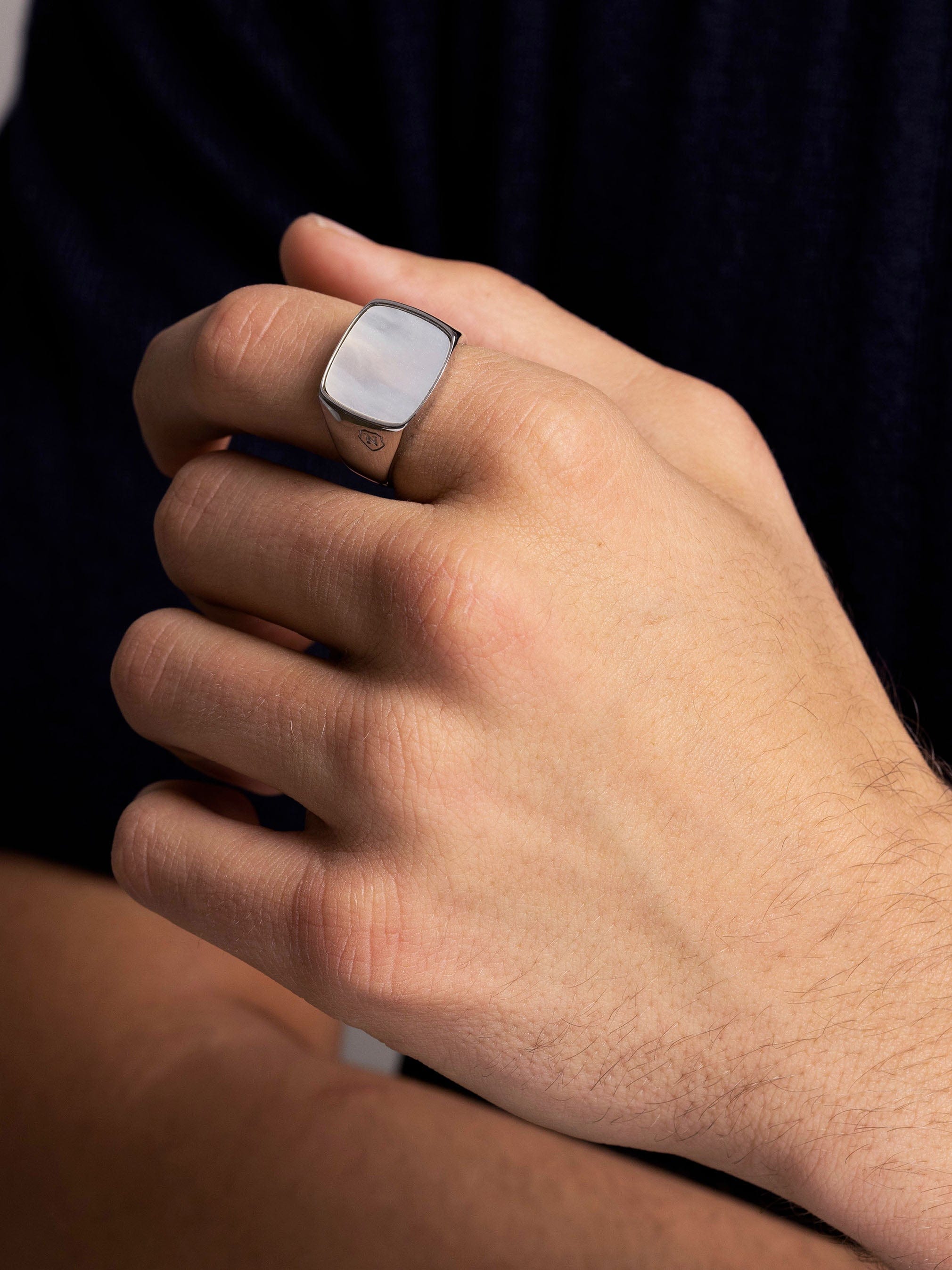 Men s Silver Signet Ring with Natural White Shell
